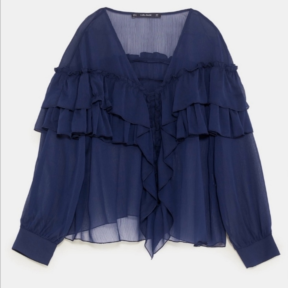 Zara Navy Blue Sheer Blouse With Frills And Ruffles - Gem